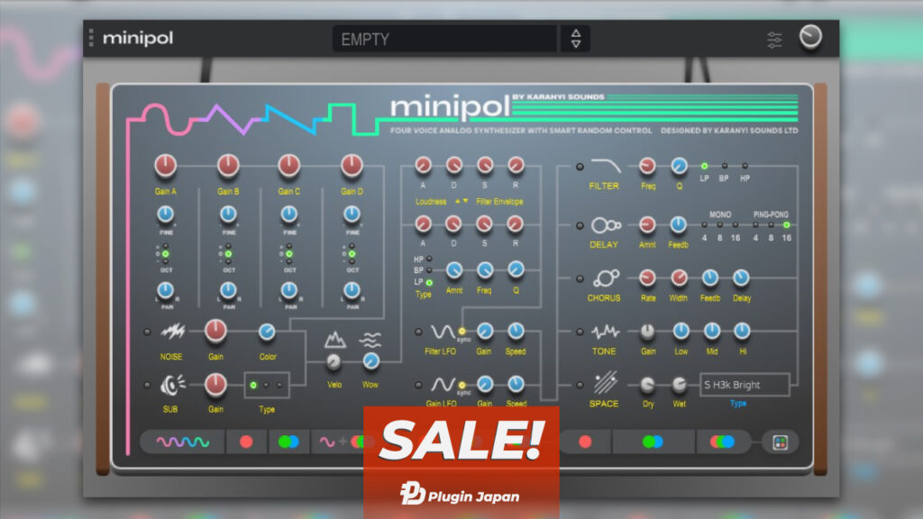 【75%オフ】80年代のシンセサウンドを自在に作り出すKaranyi Sounds『Minipol Pro』がセール中【期間限定】 - Plugin Japan
